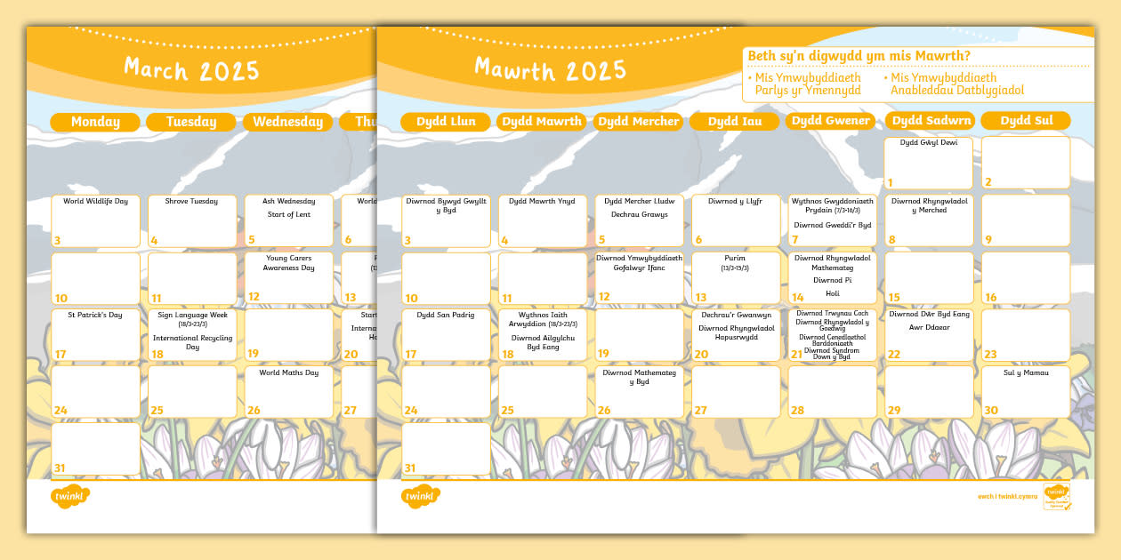 Calendr Digwyddiadau Mis Mawrth/March Events Calendar 2025