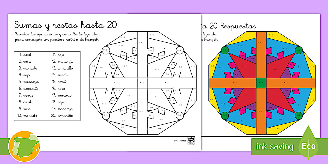 Ficha de actividad: Sumas y restas hasta 20 - Patrón de Rangoli