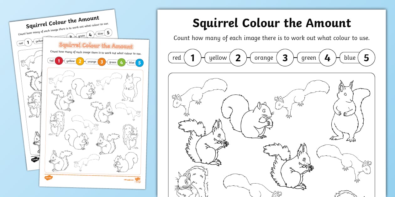 👉 Squirrel Colour the Amount Worksheet (Teacher-Made)