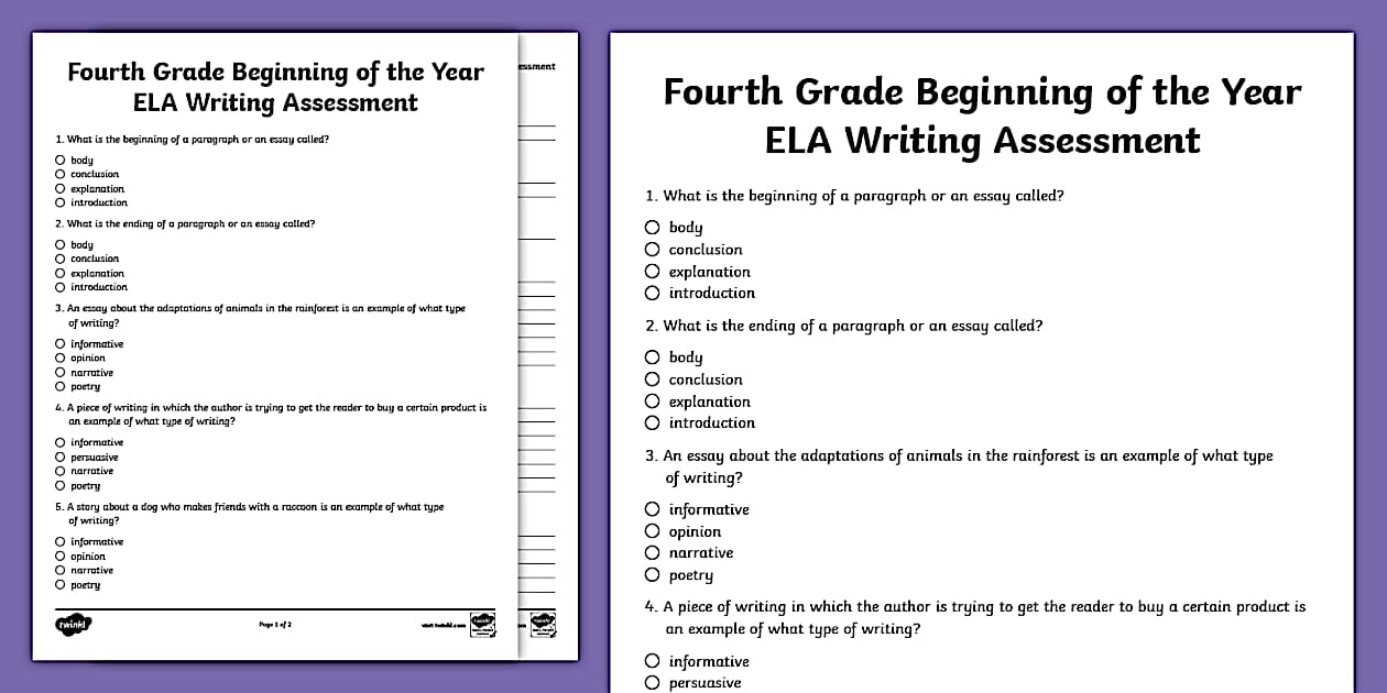 Fourth Grade Beginning of the Year ELA Writing Assessment