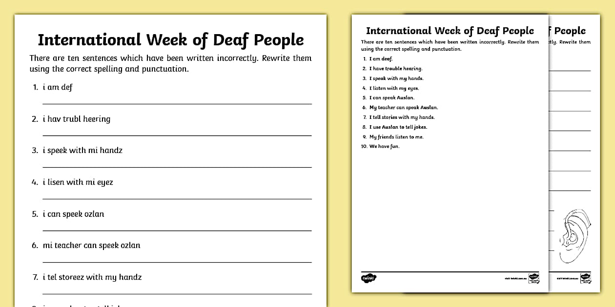 Week of the Deaf Editing Worksheet (teacher made) - Twinkl