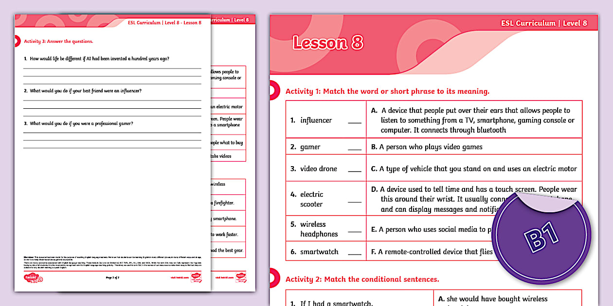 ESL Curriculum Level 8, Lesson 8 Worksheet (teacher made)