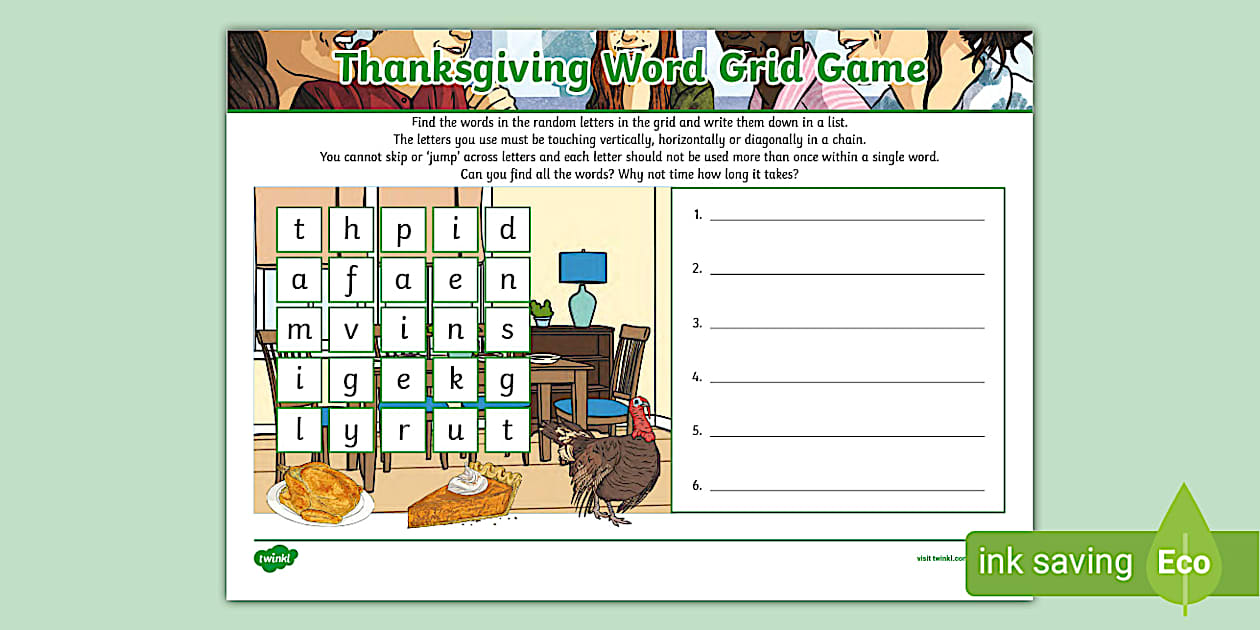 Thanksgiving Word Grid Game (Teacher-Made) - Twinkl