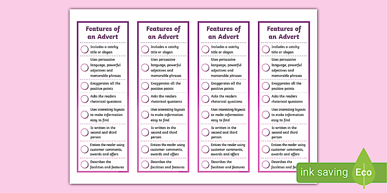 Features of an Advert Checklist Bookmark (teacher made)