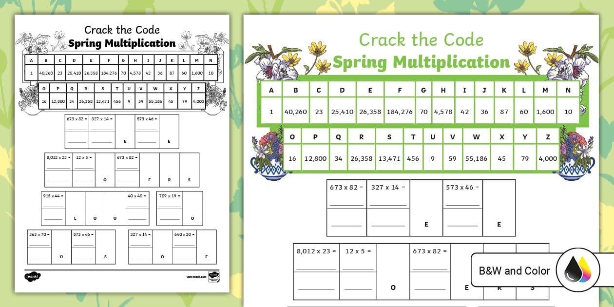 Fifth Grade Crack the Code Spring Multiplication Worksheet