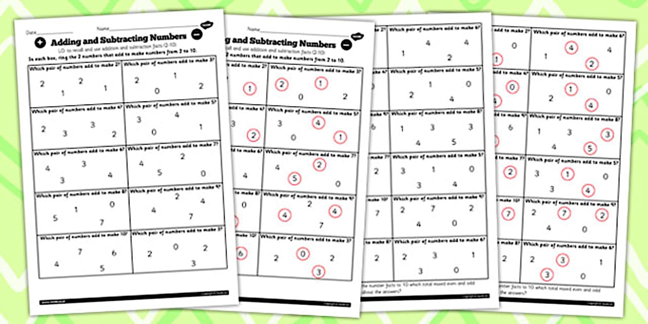 Number Facts Finding Pairs Worksheet 2-10 - Twinkl
