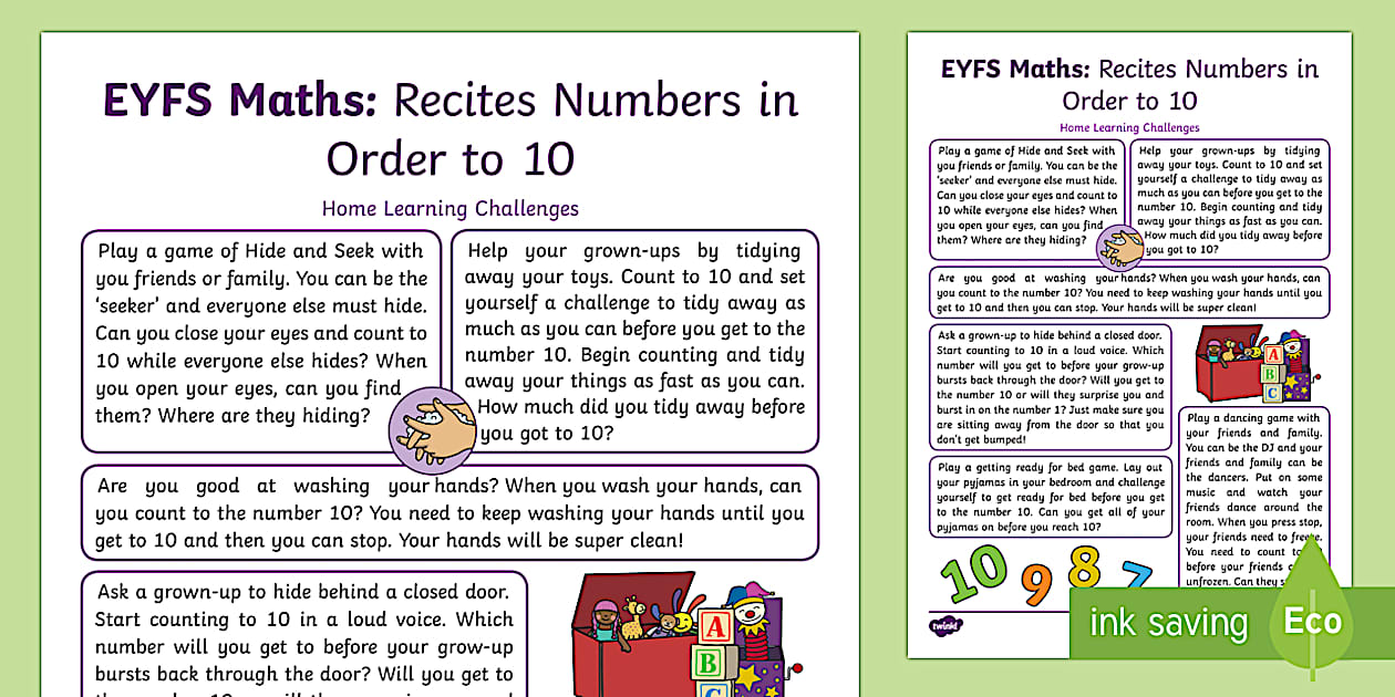 Black and White EYFS Maths: Recites Numbers in Order to 10 Home Learning