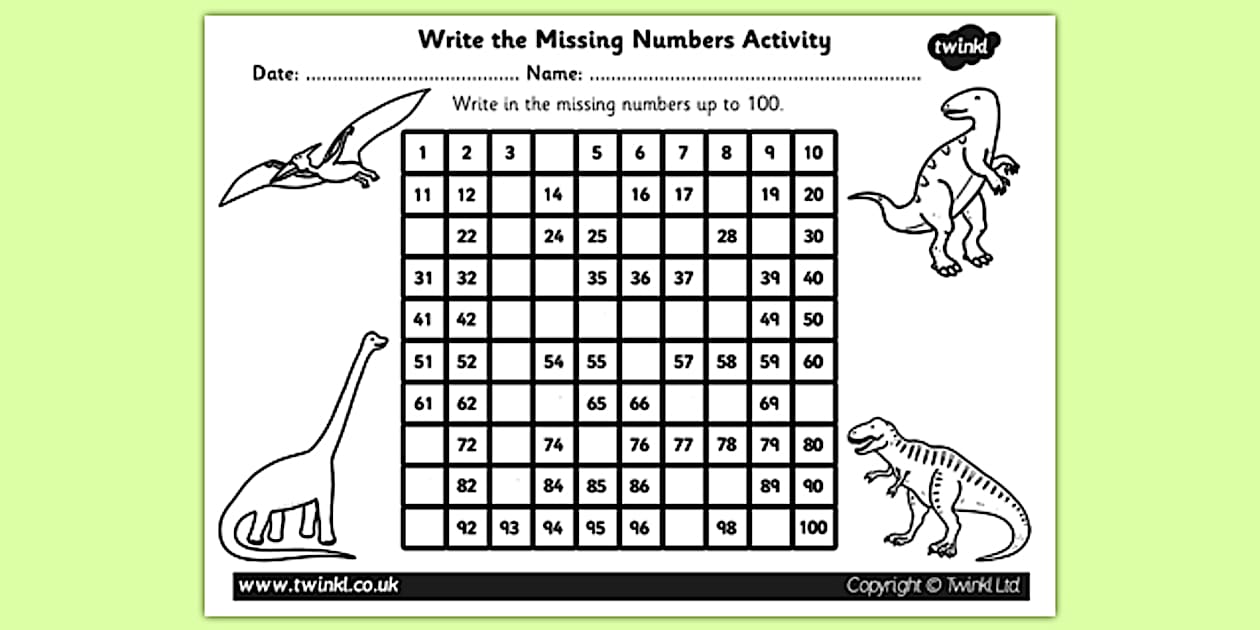 Dinosaur Themed Missing Numbers Number Square - Twinkl