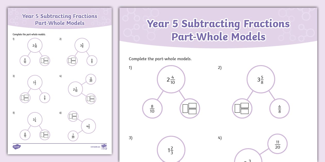 👉 Y5 Subtracting Fractions Part-Whole Models Activity Sheet
