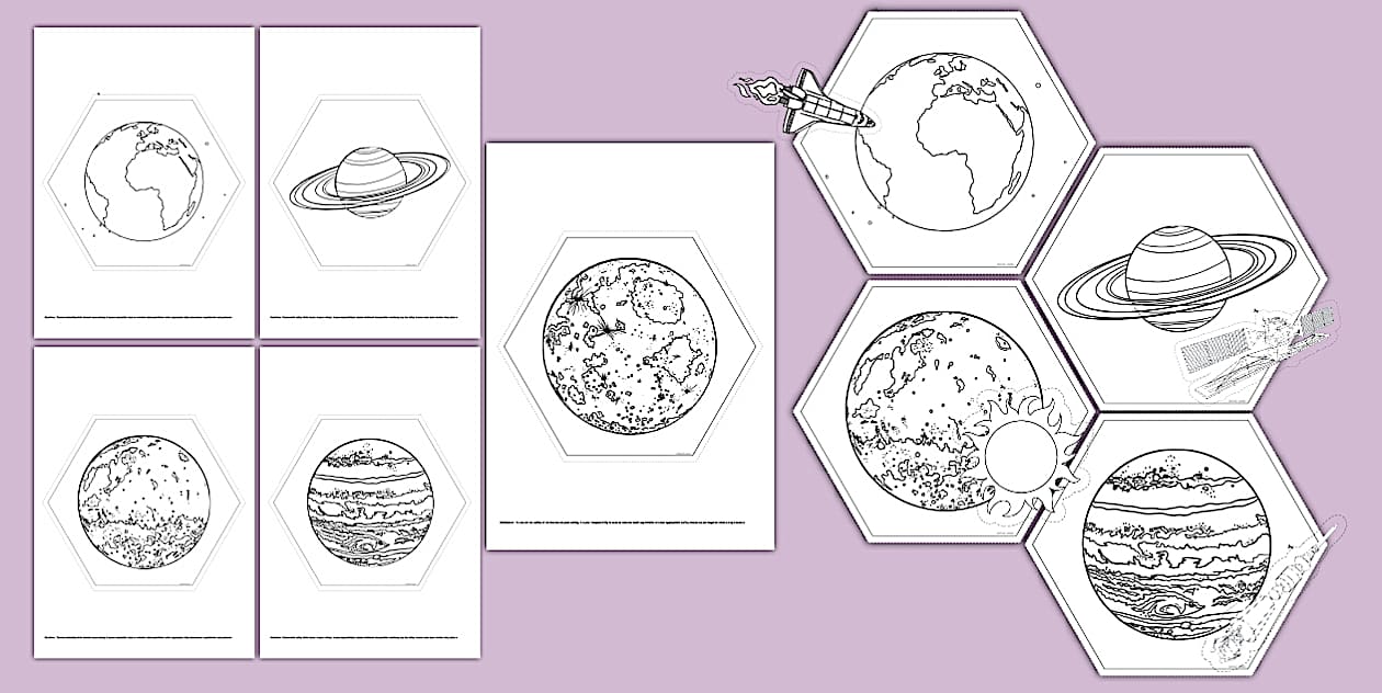 Planets Hexagon Display Colouring Activity - Twinkl