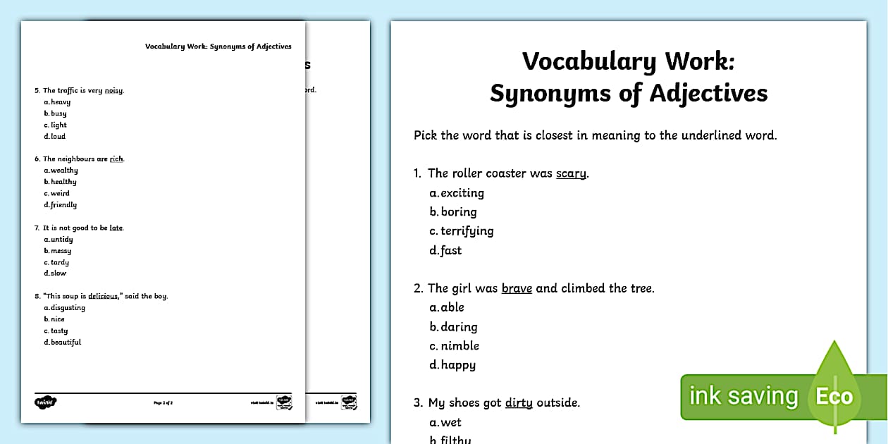 Editable Synonyms of Adjectives Vocabulary Worksheet