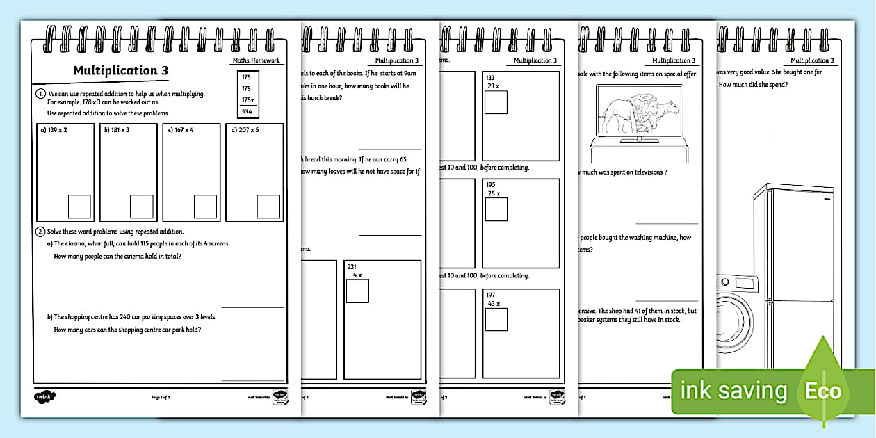 Maths Homework Multiplication 3 3rd/4th Class (teacher made)