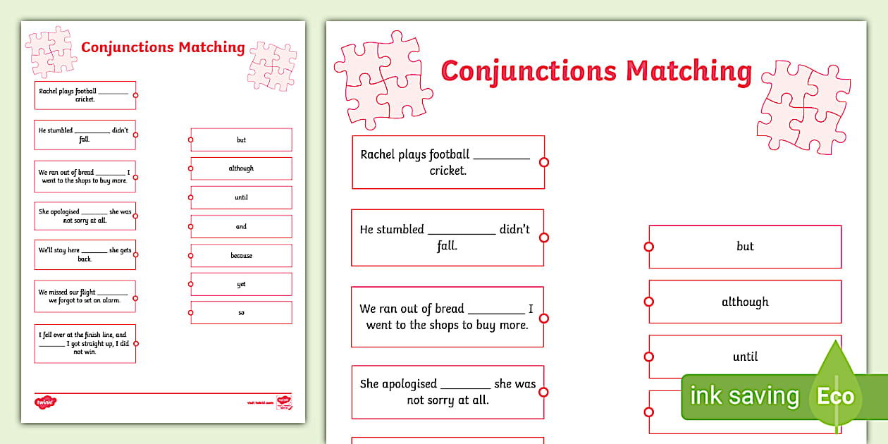Conjunctions Matching Worksheet - Twinkl