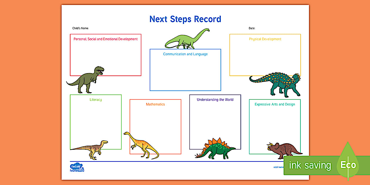 Editable EYFS Dinosaur-Themed Next Steps Record - Twinkl