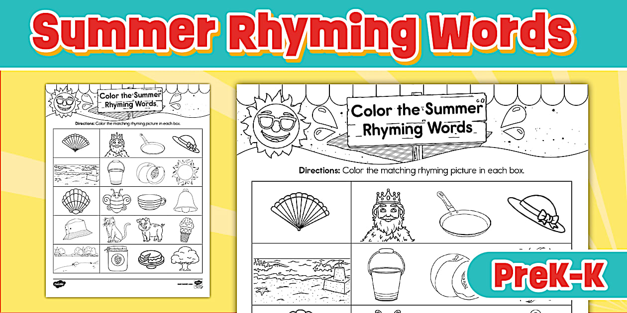 Color the Summer Rhyming Words Worksheet for PreK-K