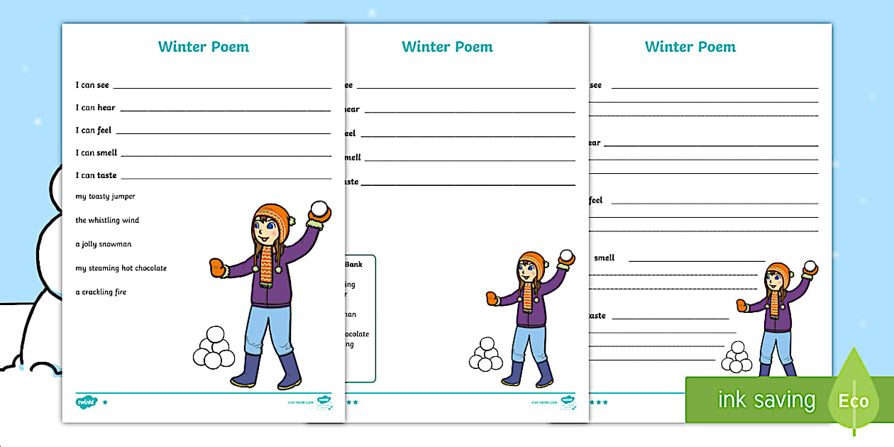 Black and White Winter Poem Differentiated Writing Frames