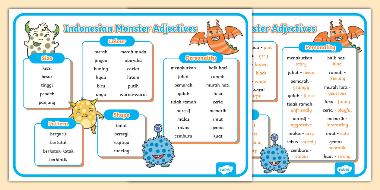 Monster Adjectives Word Mat - Indonesian (teacher made)