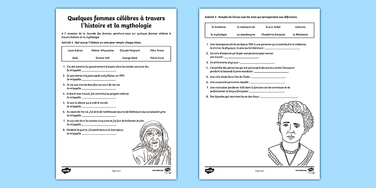 International Women's Day: Famous Women Worksheet French