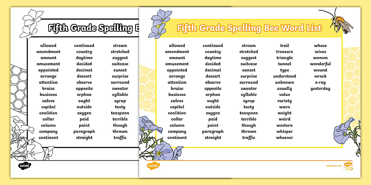 Editable Fifth Grade Spelling Bee Word List (teacher made)