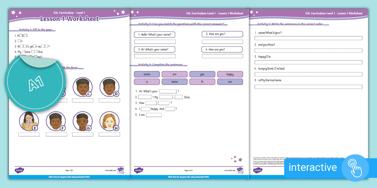 ESL Curriculum Beginners: Lesson 1 Interactive PDF - Twinkl