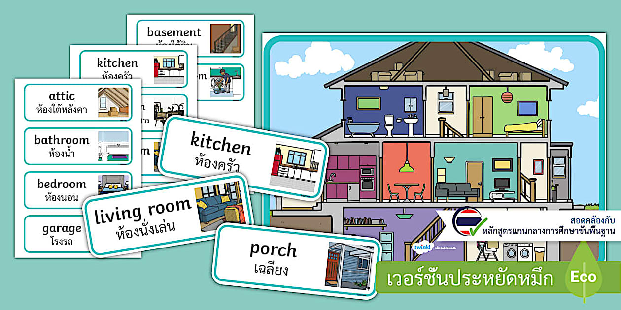 ชุดกิจกรรมตัดแปะคำศัพท์เกี่ยวกับห้องต่าง ๆ ภายในบ้าน - Label a House ...