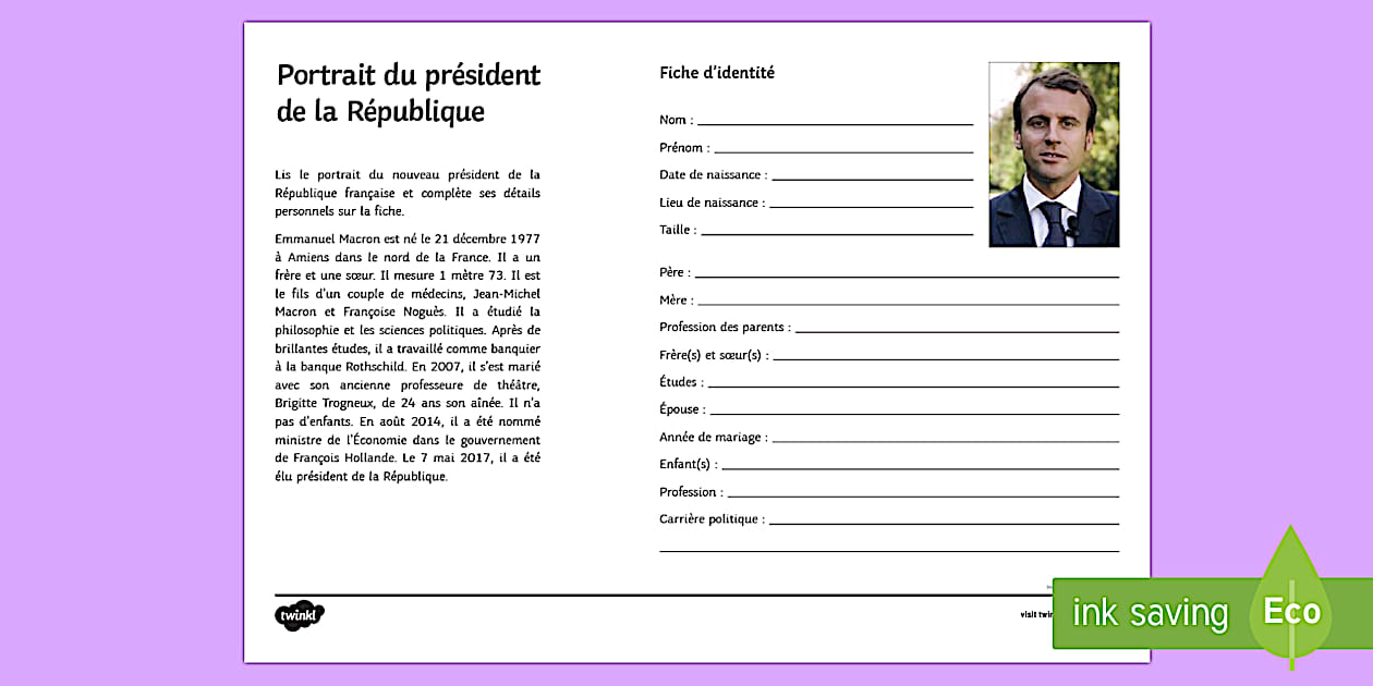French President Identity Form Worksheet / Worksheet French