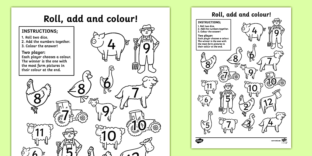 Editable Farm Roll and Colour Worksheet - Twinkl