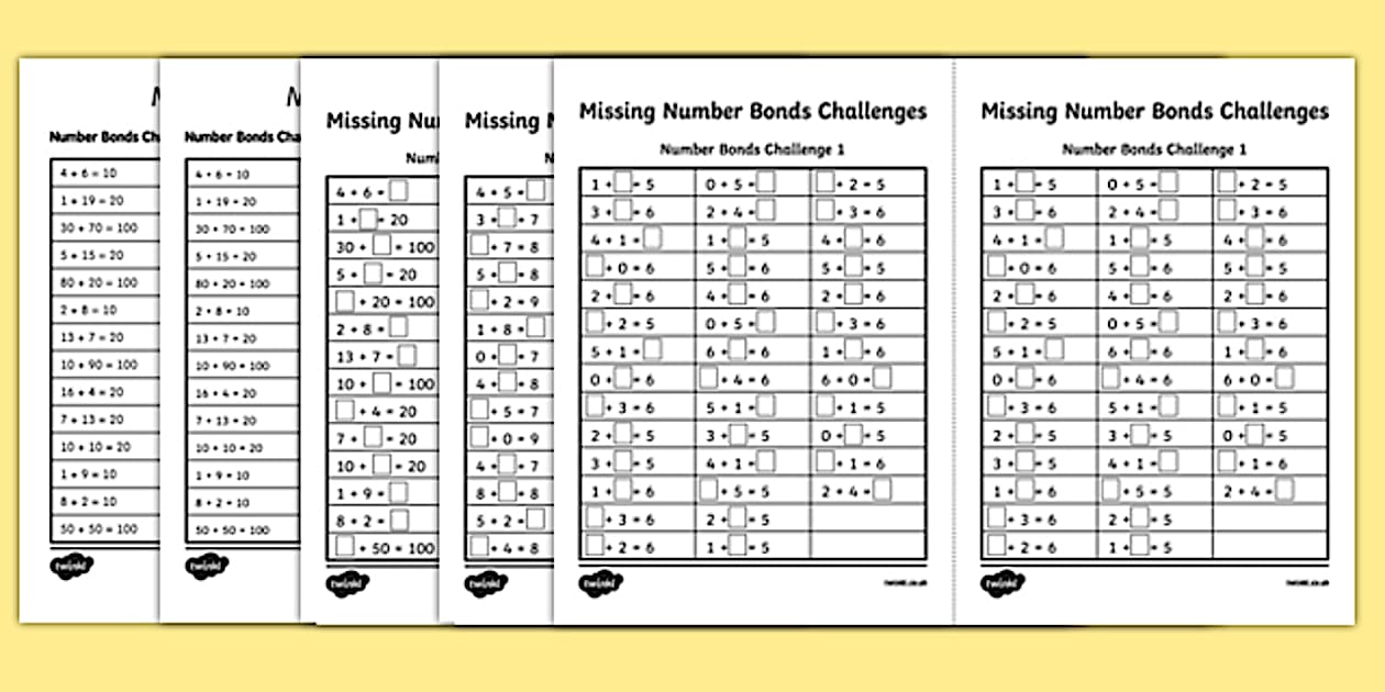 Editable Missing Number Bonds Challenges Worksheet Pack
