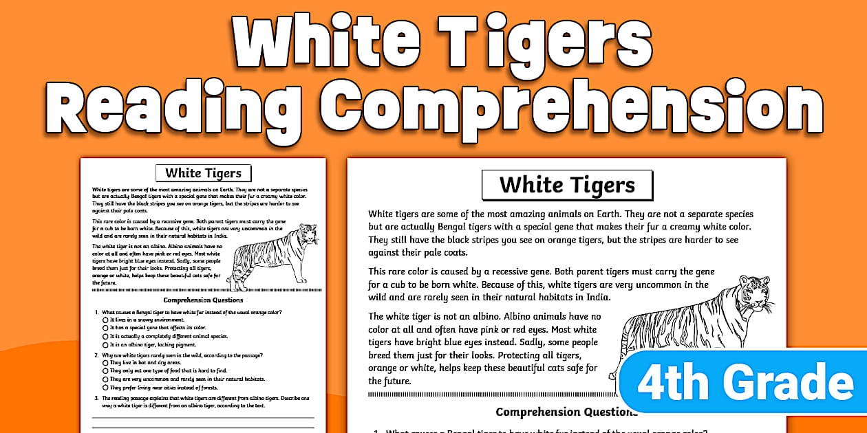 Fourth Grade White Tiger Reading Comprehension Worksheet