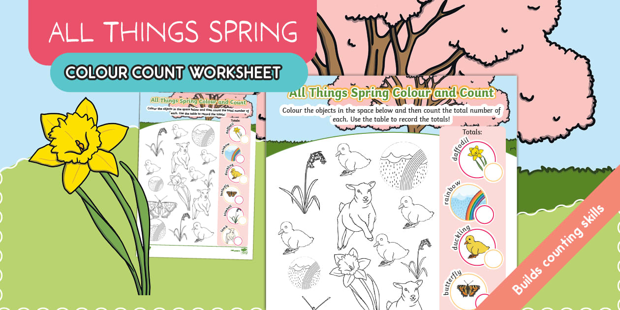 All Things Spring Colour and Count Worksheet - Twinkl