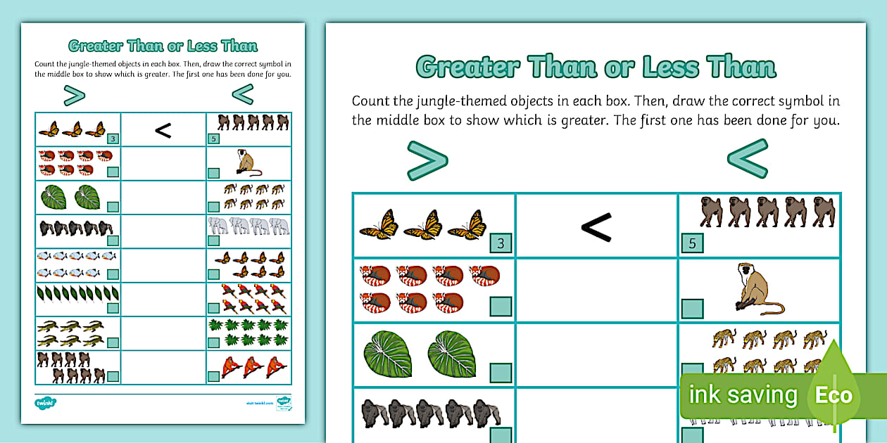 Jungle-Themed Greater Than or Less Than up to 10 Worksheet