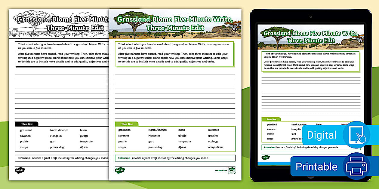 Grassland Five-Minute Write and Three-Minute Edit Worksheet