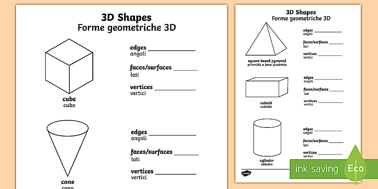 3D Shape Properties Worksheet / Worksheets English/Italian - 3D Shape
