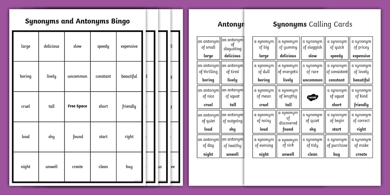 Synonyms and Antonyms Bingo Game for 3rd-5th Grade - Twinkl