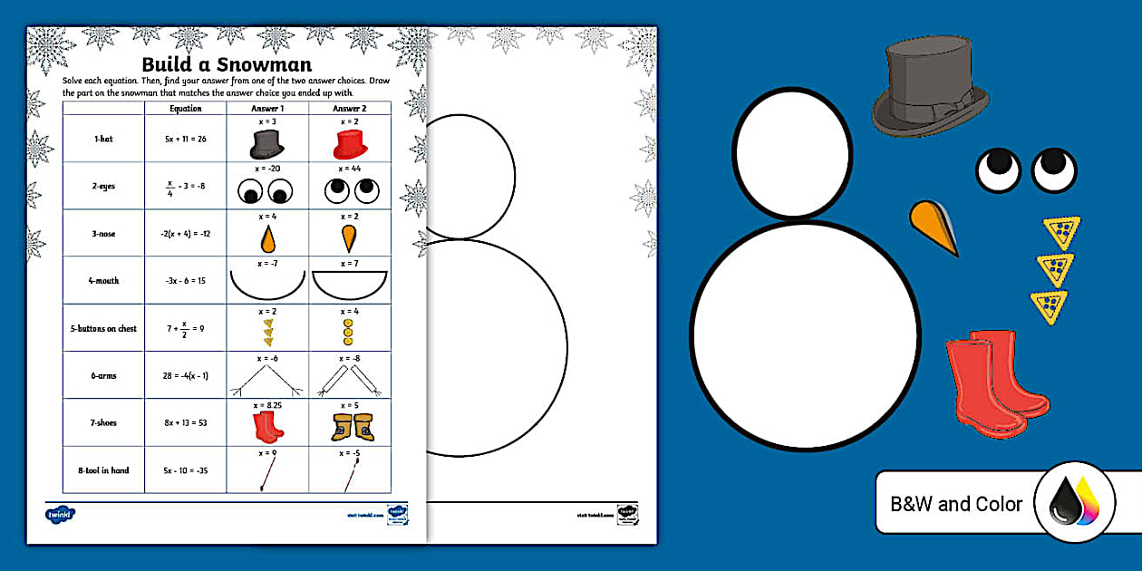 Seventh Grade Build a Snowman With Two-Step Equations Math Activity