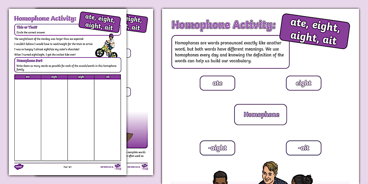 Homophones Eight Worksheet: Ate, Eight, Aight - Twinkl