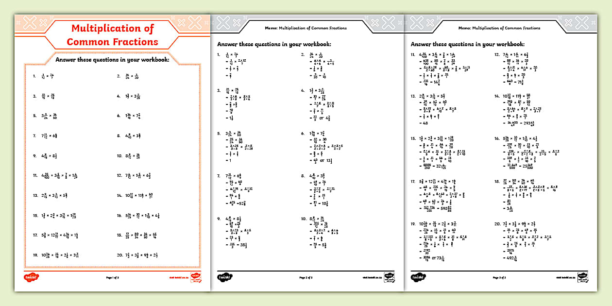 Multiplication of Common Fractions Activity Sheet - Twinkl