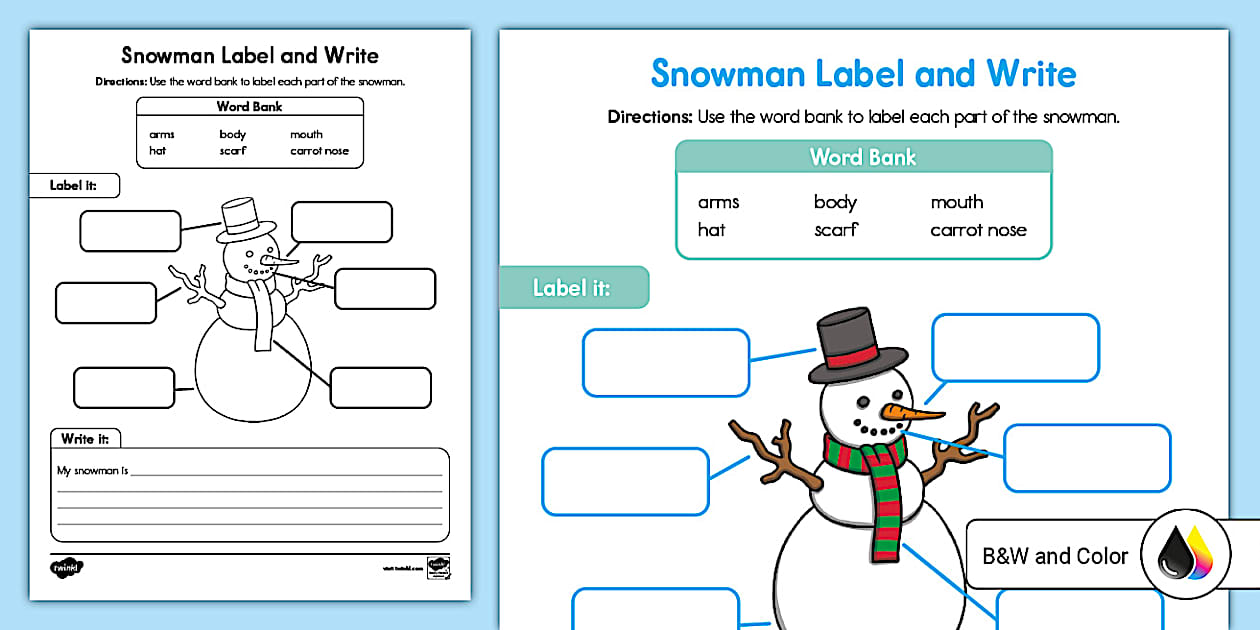 Kindergarten Snowman Label and Write Activity Worksheet