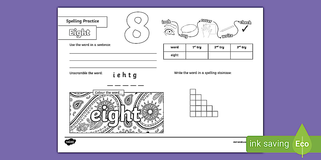 Eight Spelling Practice Worksheet (teacher made) - Twinkl