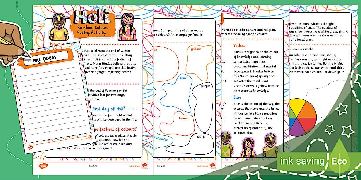 Holi Rainbow Colours Poetry Activity (Ages 5 - 7) - Twinkl