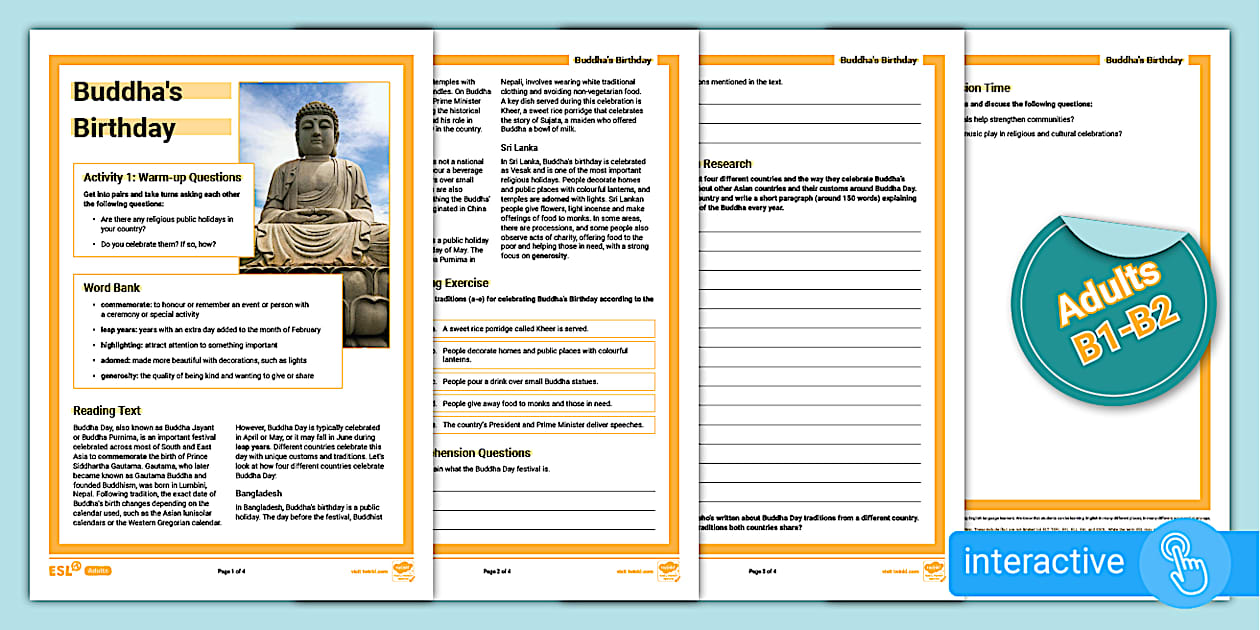 ESL Buddha's Birthday Reading Comprehension [Adults, B1-B2]