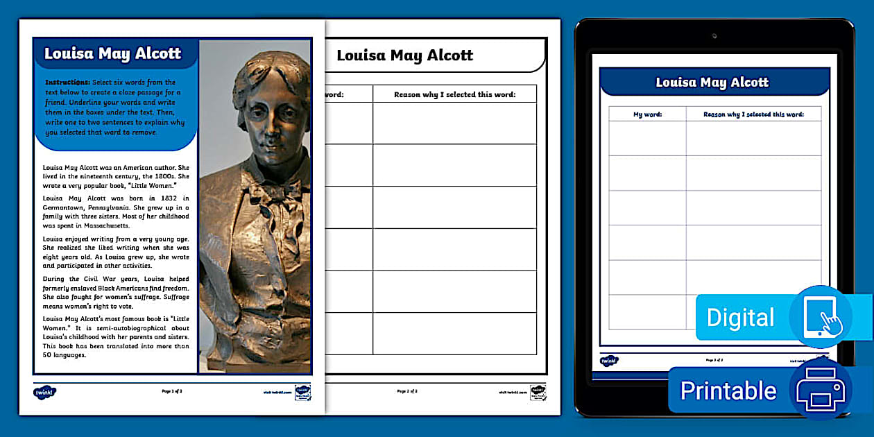 Louisa May Alcott Activity Sheet | Resource | Twinkl USA