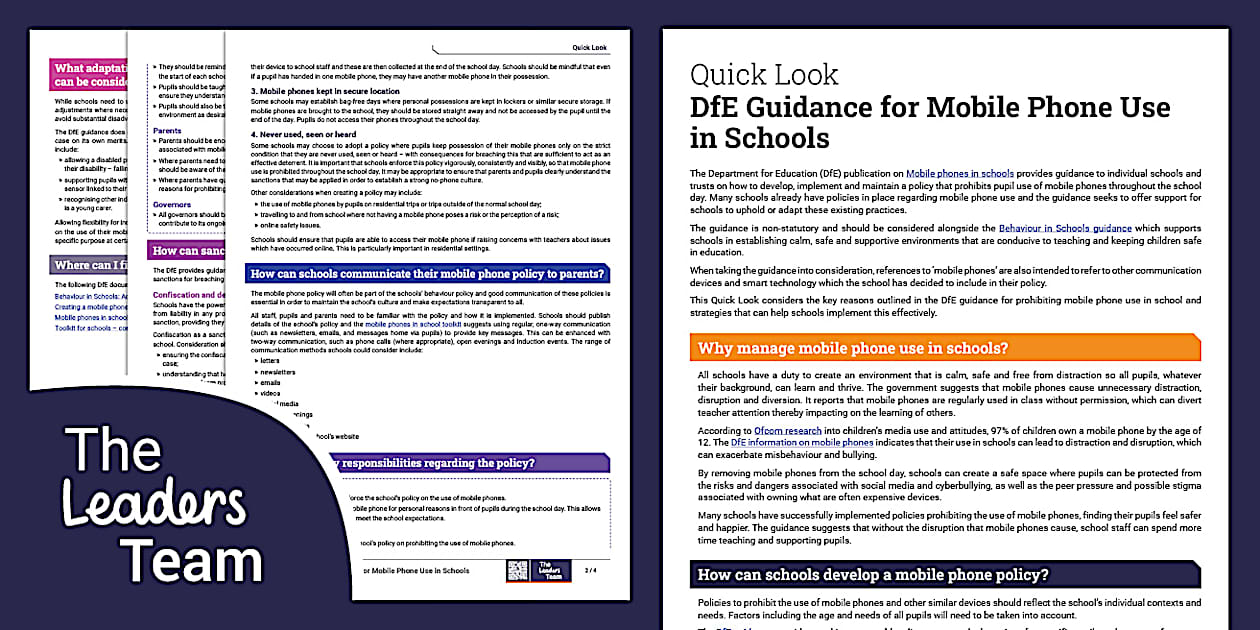 Quick Look: DfE Guidance for Mobile Phone Use in Schools
