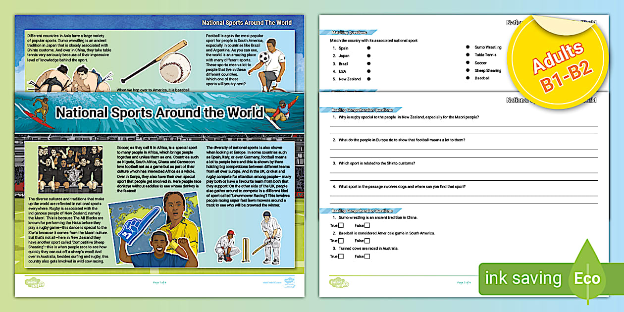 ESL National Sports Around the World: Adults Reading Comprehension [B1-B2]