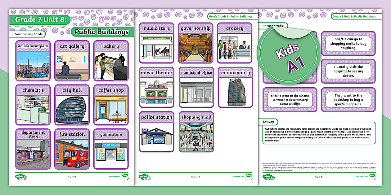 Grade 7 Unit 8 Flashcards - Public Buildings - Twinkl