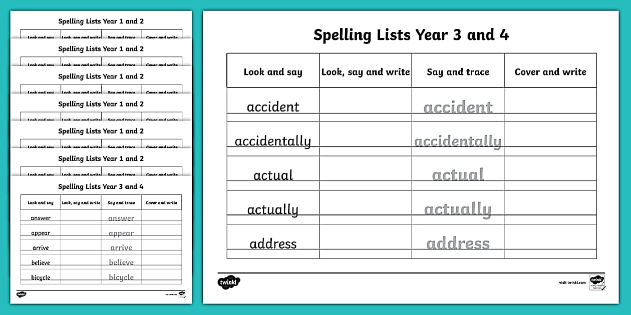 Year 3 and 4 Spelling List Word Writing Practice Sheets Resource Pack ...