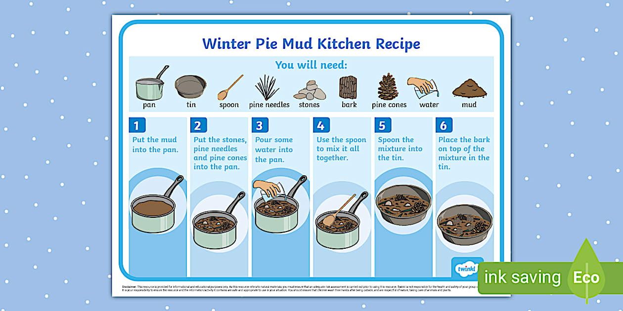 Winter Pie Mud Kitchen Prompt Card Recipe - Twinkl
