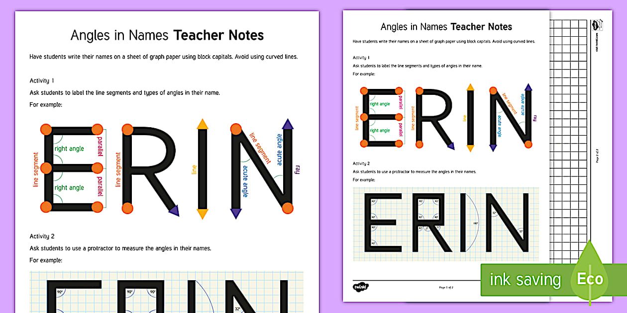 Angles in Names Math Worksheet for 3rd-5th Grade - Twinkl