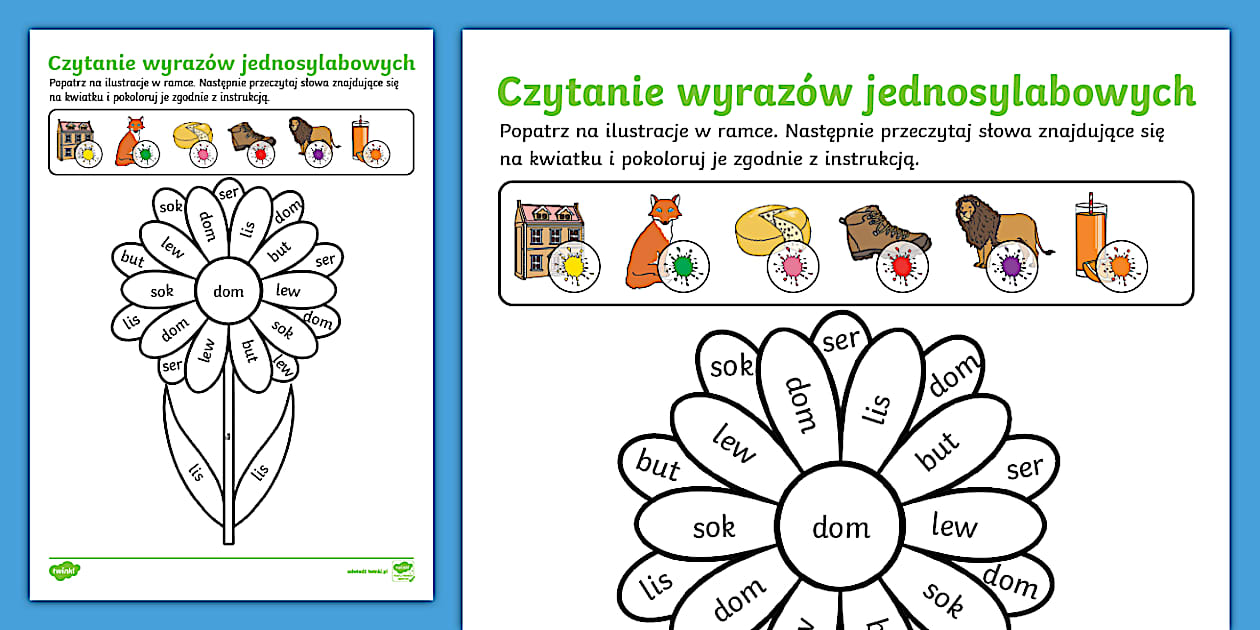 Czytanie wyrazów jednosylabowych | Pokoloruj kwiat - Twinkl