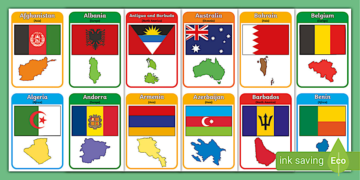 Flags of the World with Continent Colour Coding Cards
